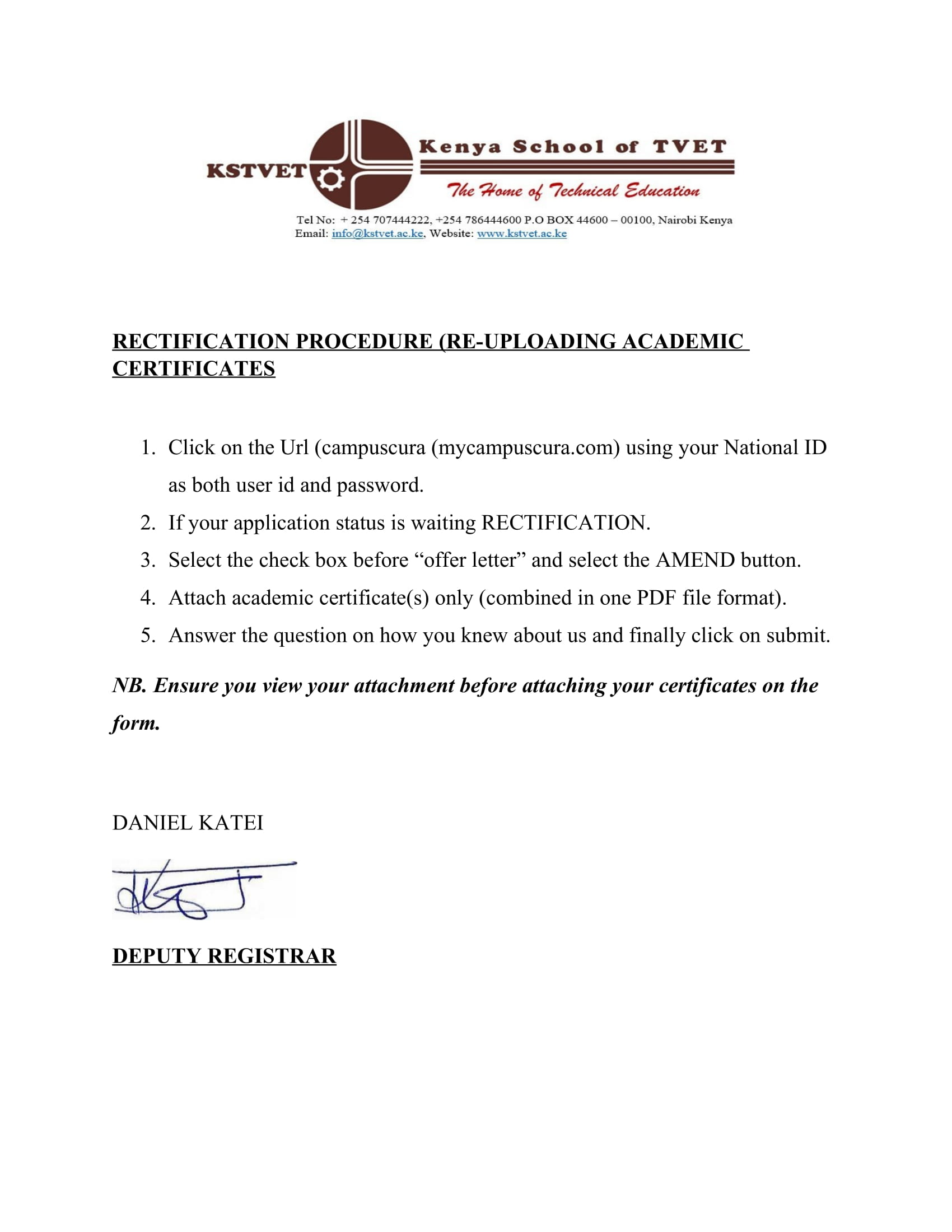 Rectification Procedure – Kenya School of TVET