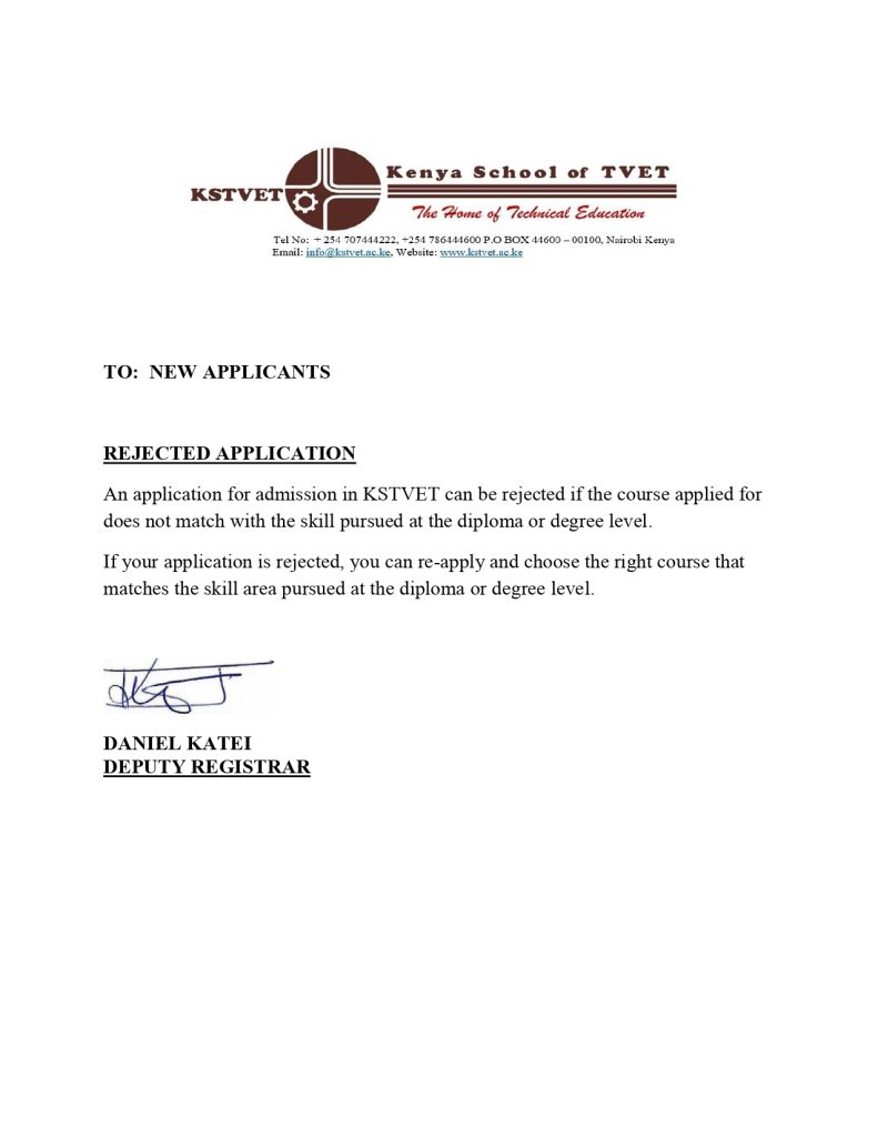 Rejected Applications - Kenya School of TVET
